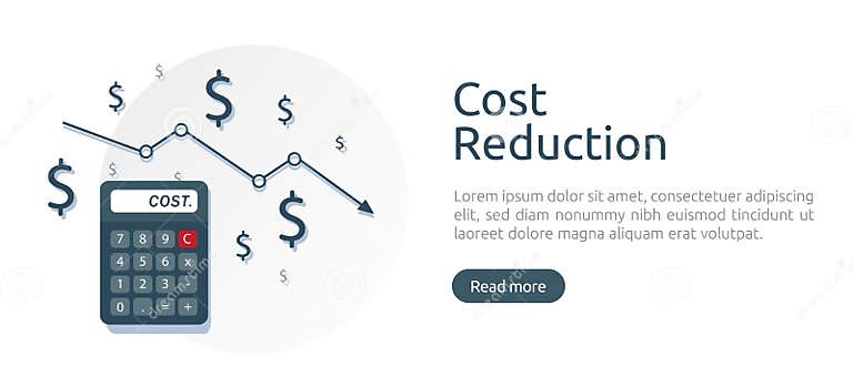 Cost Reduction Concept. Calculator and Arrow Line Decrease. Dollar Money Fall Down Symbol ...