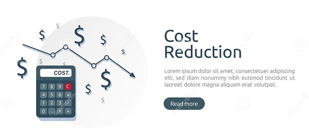 Cost Reduction Concept. Calculator and Arrow Line Decrease. Dollar Money Fall Down Symbol ...