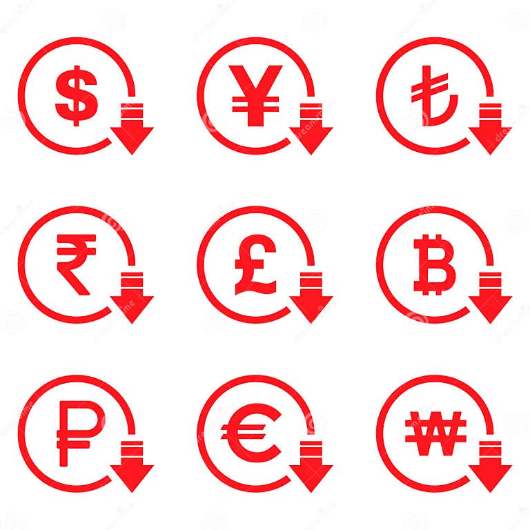 Cost Reduction- Decrease Dollar Euro Icon. Vector Symbol Image Isolated on Background Stock ...