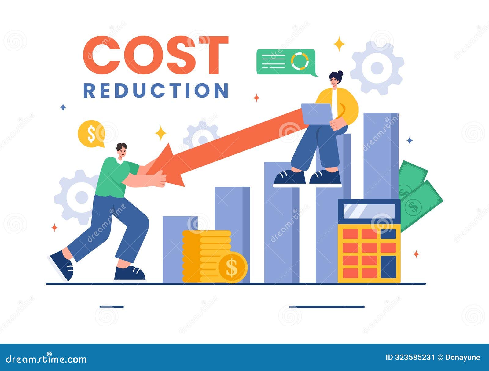 Cost Reduction Vector Illustration Depicting Decrease, Price Minimization, or Falling Profit ...