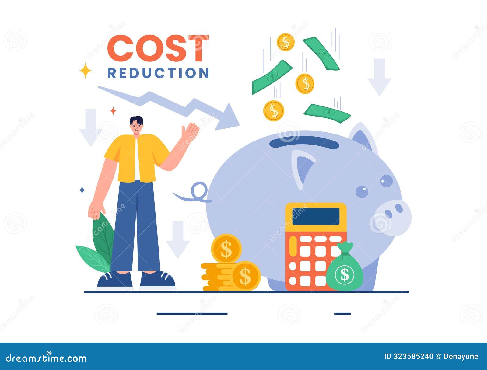 Cost Reduction Vector Illustration Depicting Decrease, Price Minimization, or Falling Profit ...