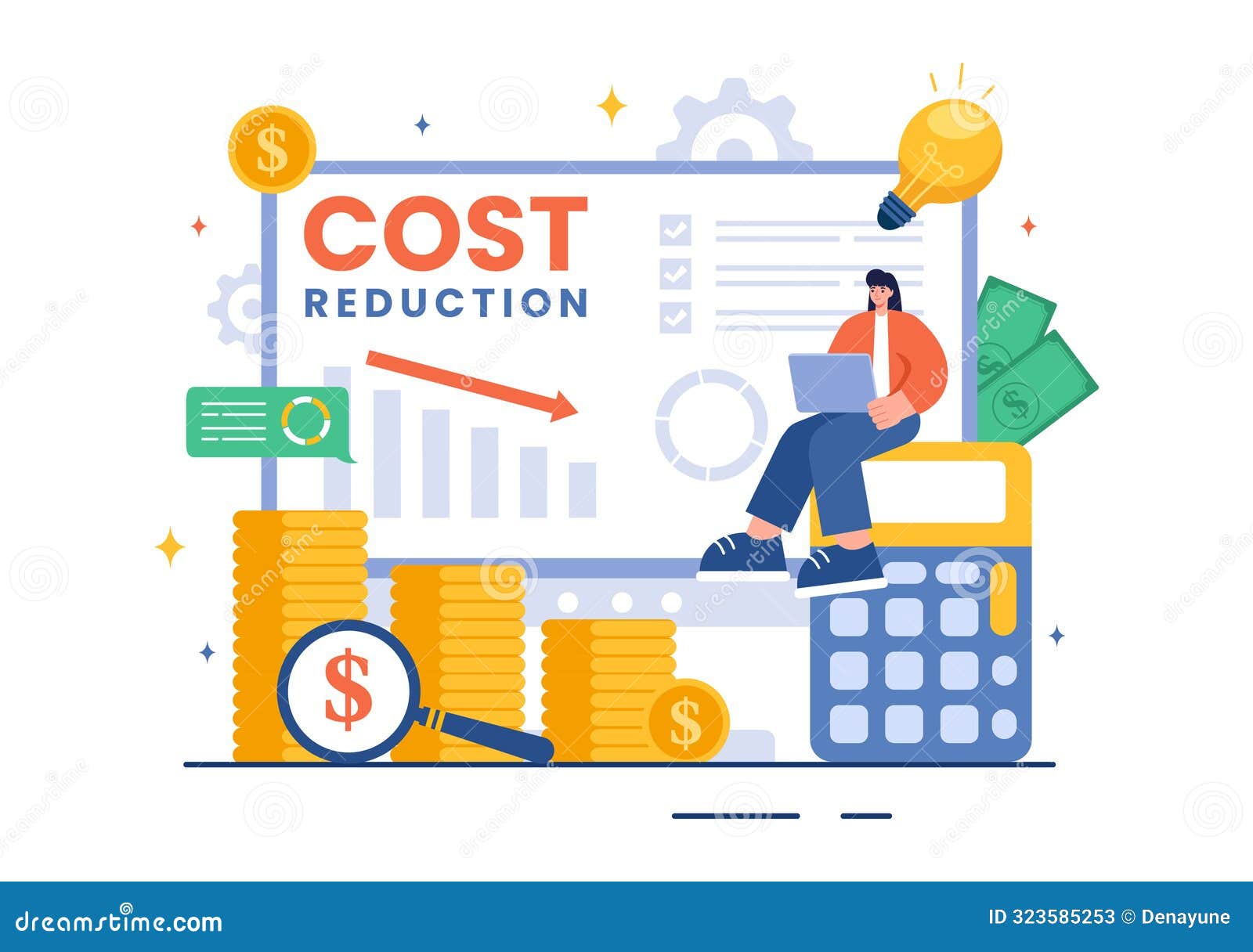 Cost Reduction Vector Illustration Depicting Decrease, Price Minimization, or Falling Profit ...