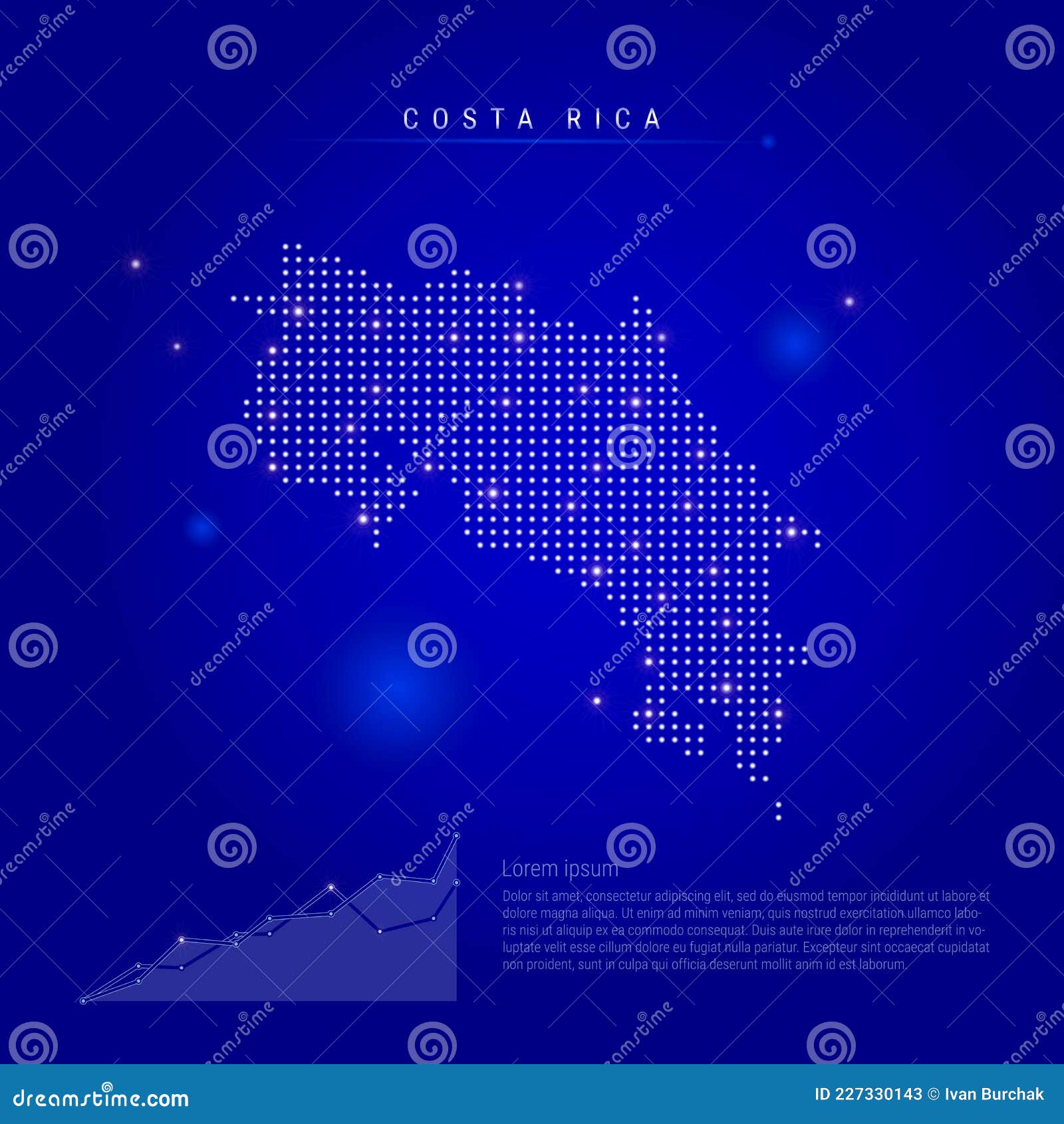 Costa Rica Illuminated Map with Glowing Dots. Dark Blue Space ...