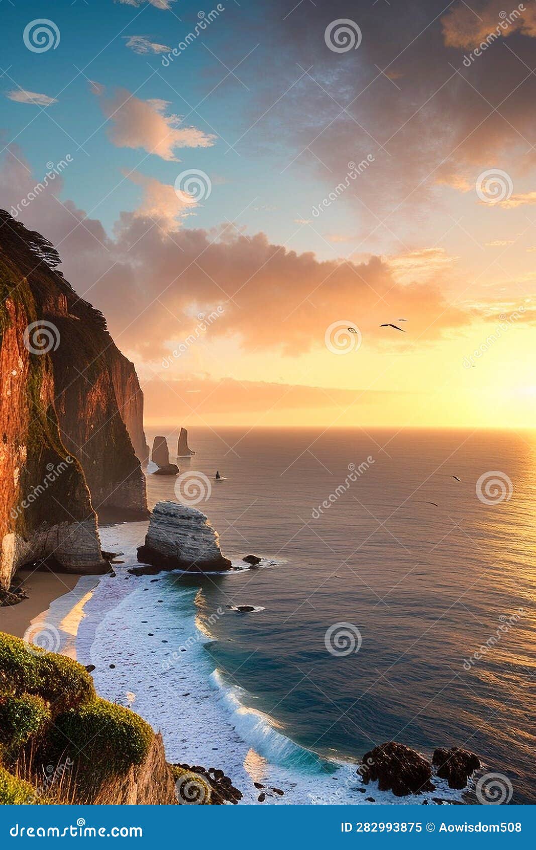 Costal Landscape with Cliffs in Sunset Stock Illustration ...