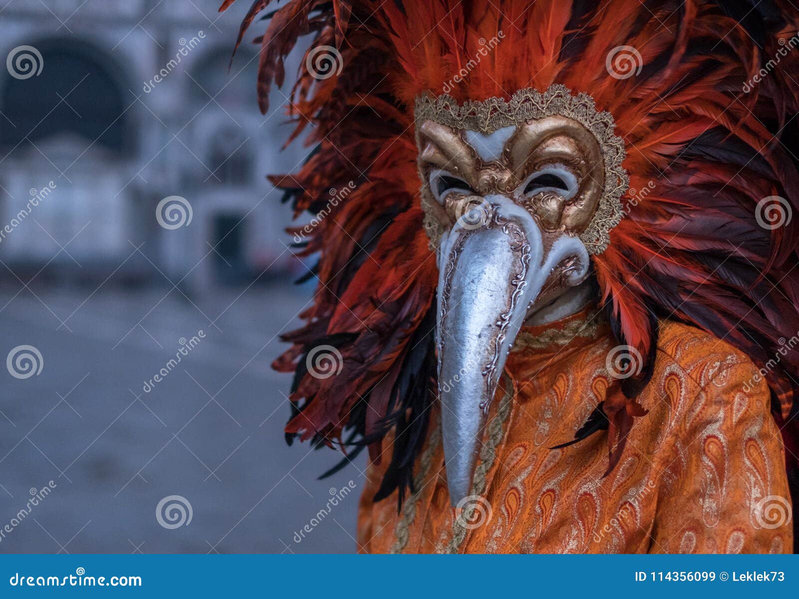 Costumed Carnival Goer With Red Feathered Mask Standing In St Mark`s