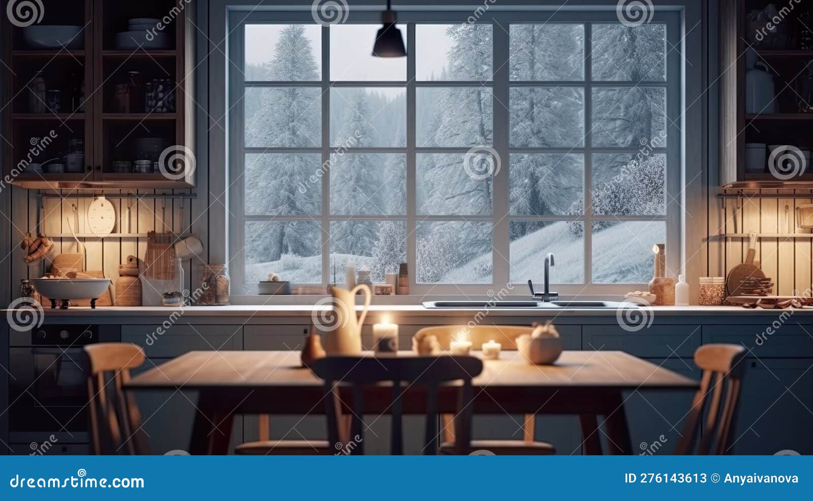 Cosy Kitchen with Large Window Facing Winter Forest, Scandinavian Style ...