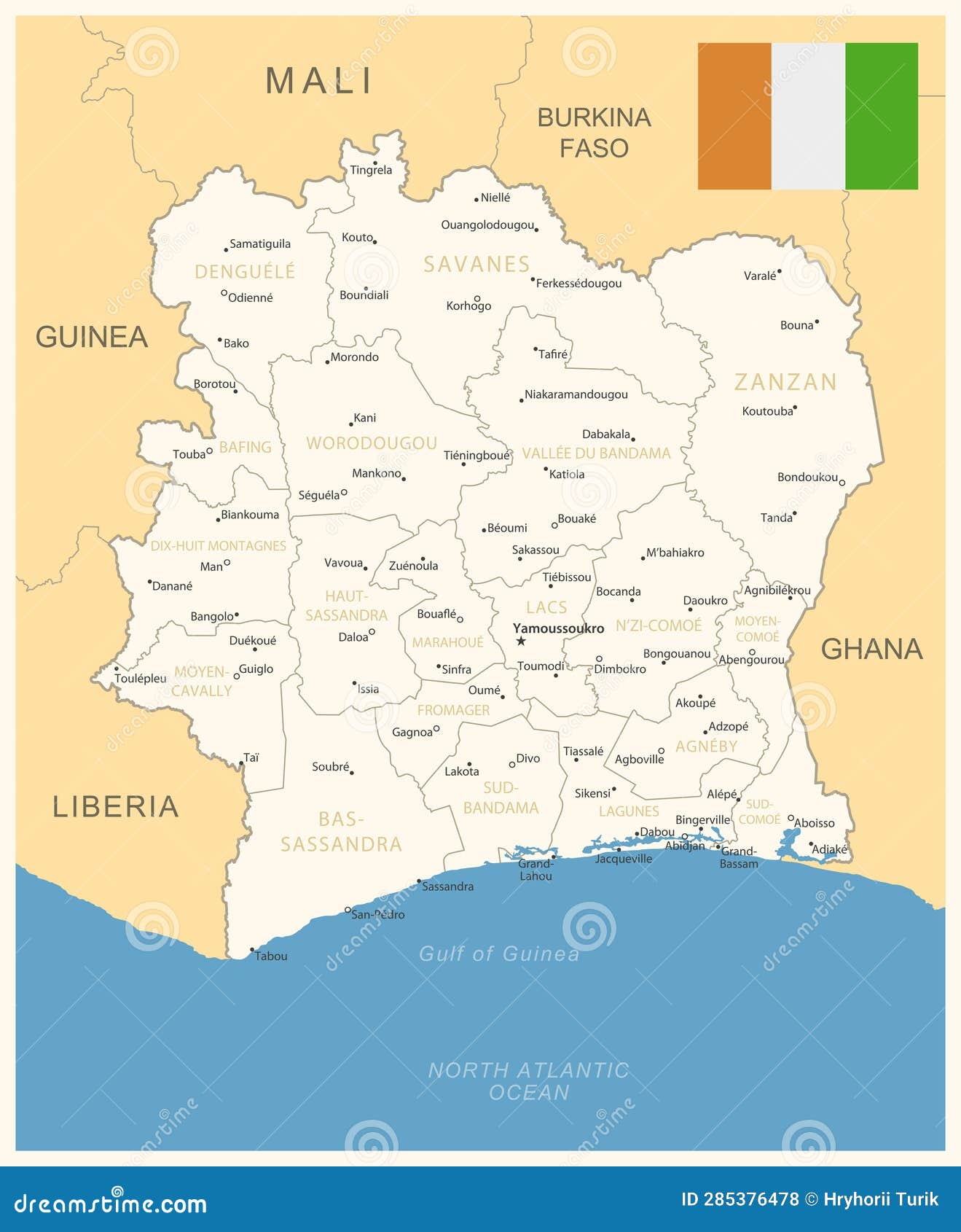 Cote DIvoire - Detailed Map with Administrative Divisions and Country ... Cote DIvoire - Detailed Map with Administrative Divisions and Country ...