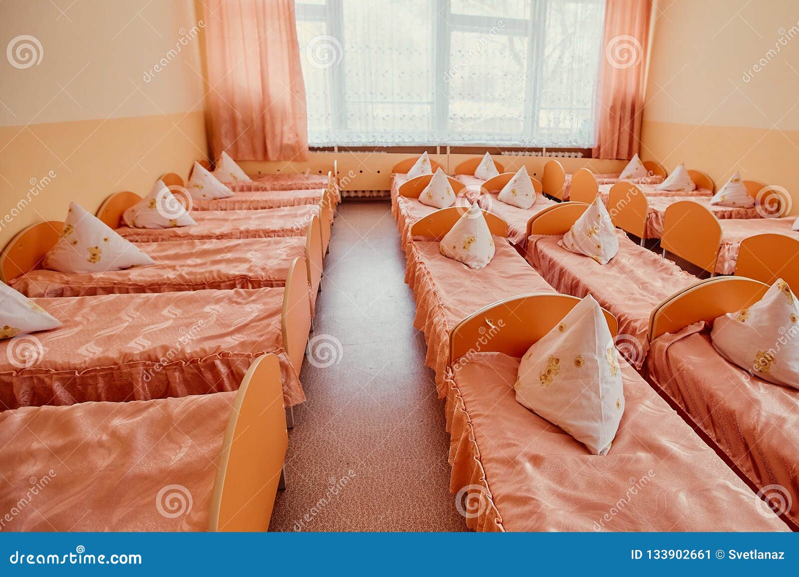 Cots In The Kindergarten. Orphanage Or Boarding School. Beds In A ...