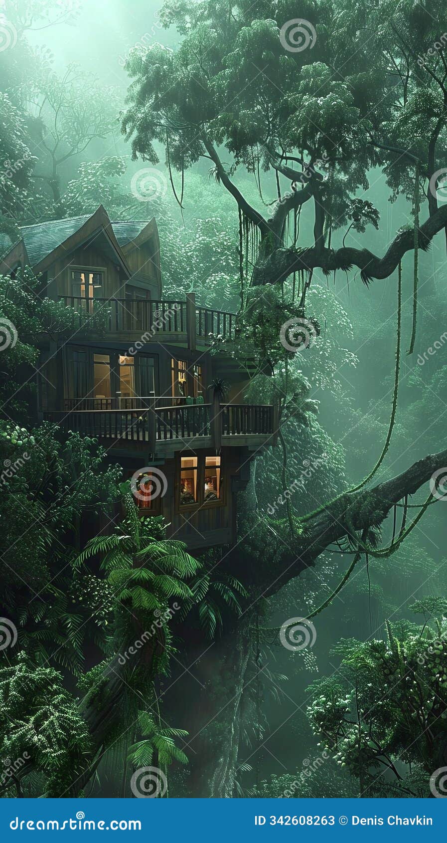 Cottage with Balcony, Lush Rainforest, Enveloped in Mist. Tree House ...