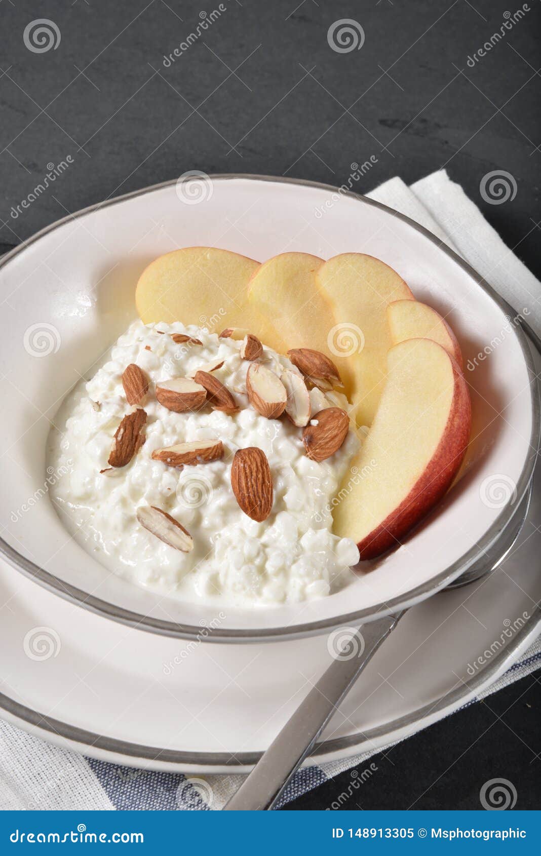 Cottage Cheese with Apple and Almonds Stock Image - Image of snack ...