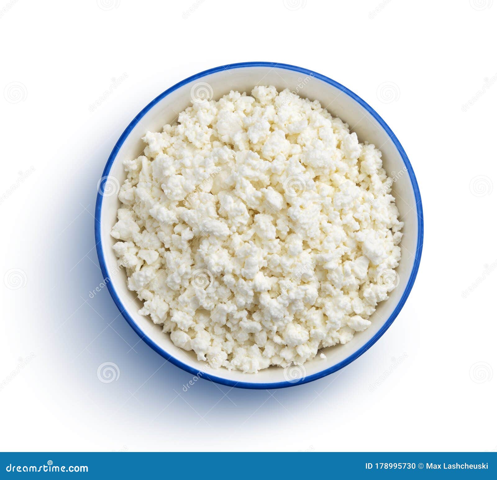 Cottage Cheese in Blue Bowl Isolated on White Background, Top View ...