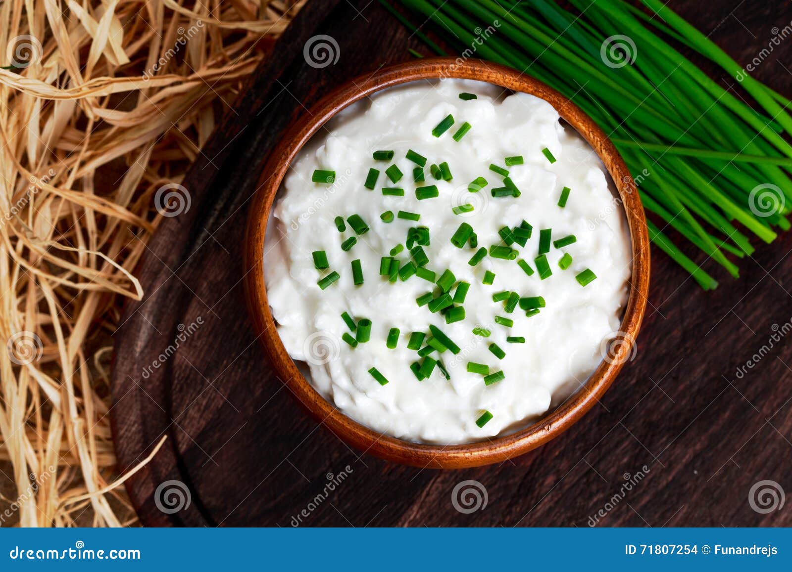 Cottage Cheese with Chives in Wooden Bowl. Stock Photo - Image of ...