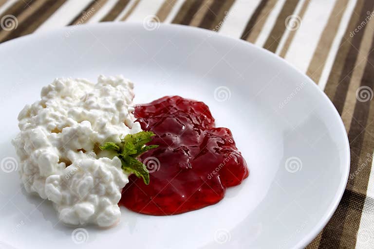 Cottage cheese and jam stock image. Image of tablecloth - 15260011