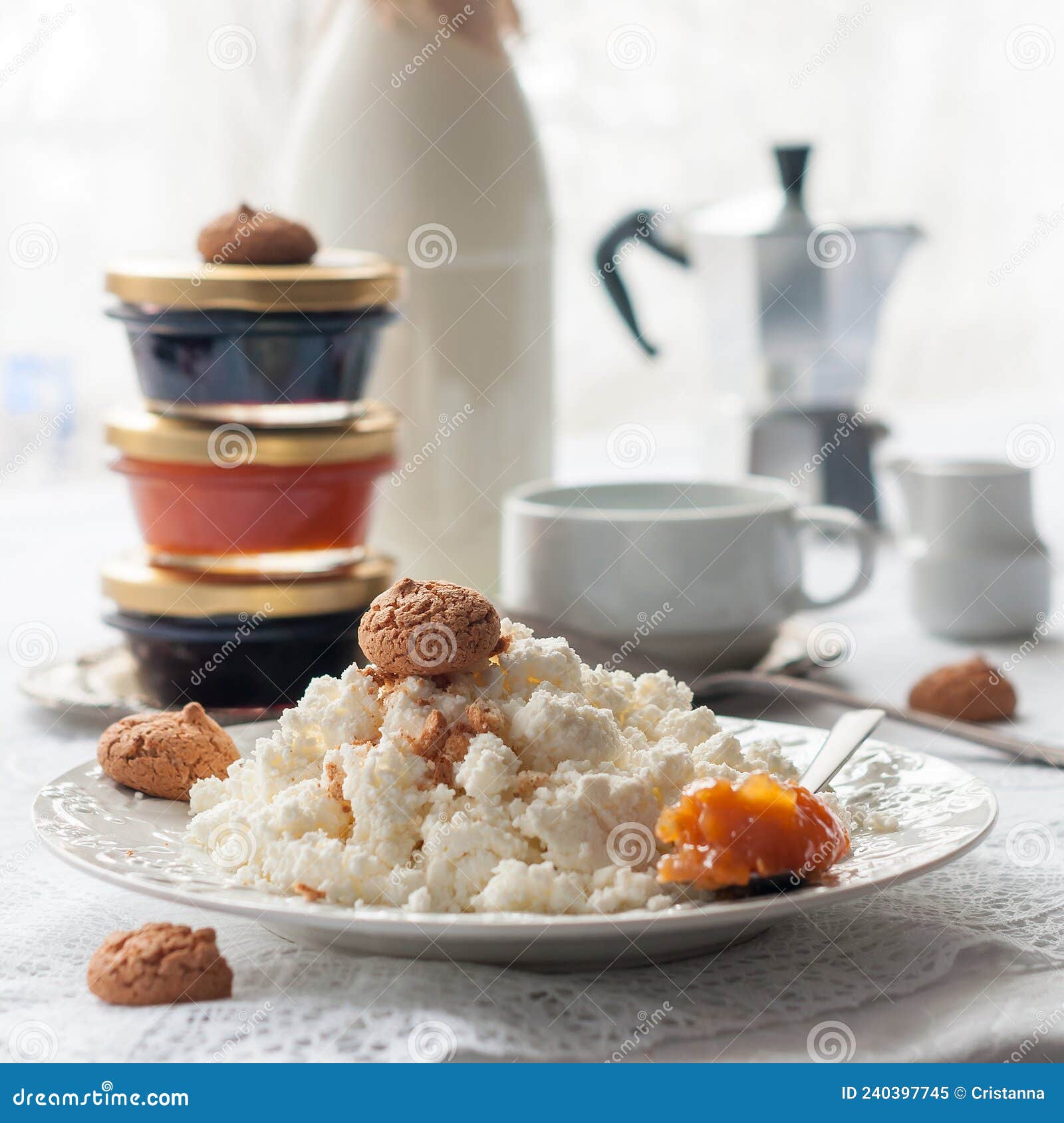 Cottage Cheese with Jam and Biscuits. Dairy Products and Farm Preserves ...