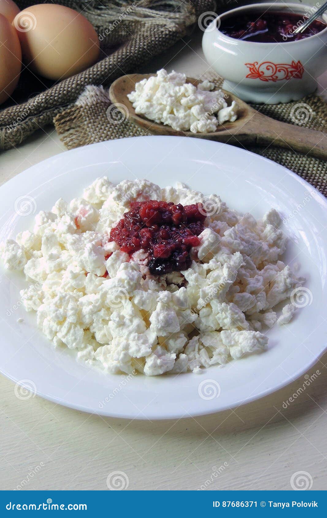 Cottage cheese with jam stock image. Image of curd, product - 87686371