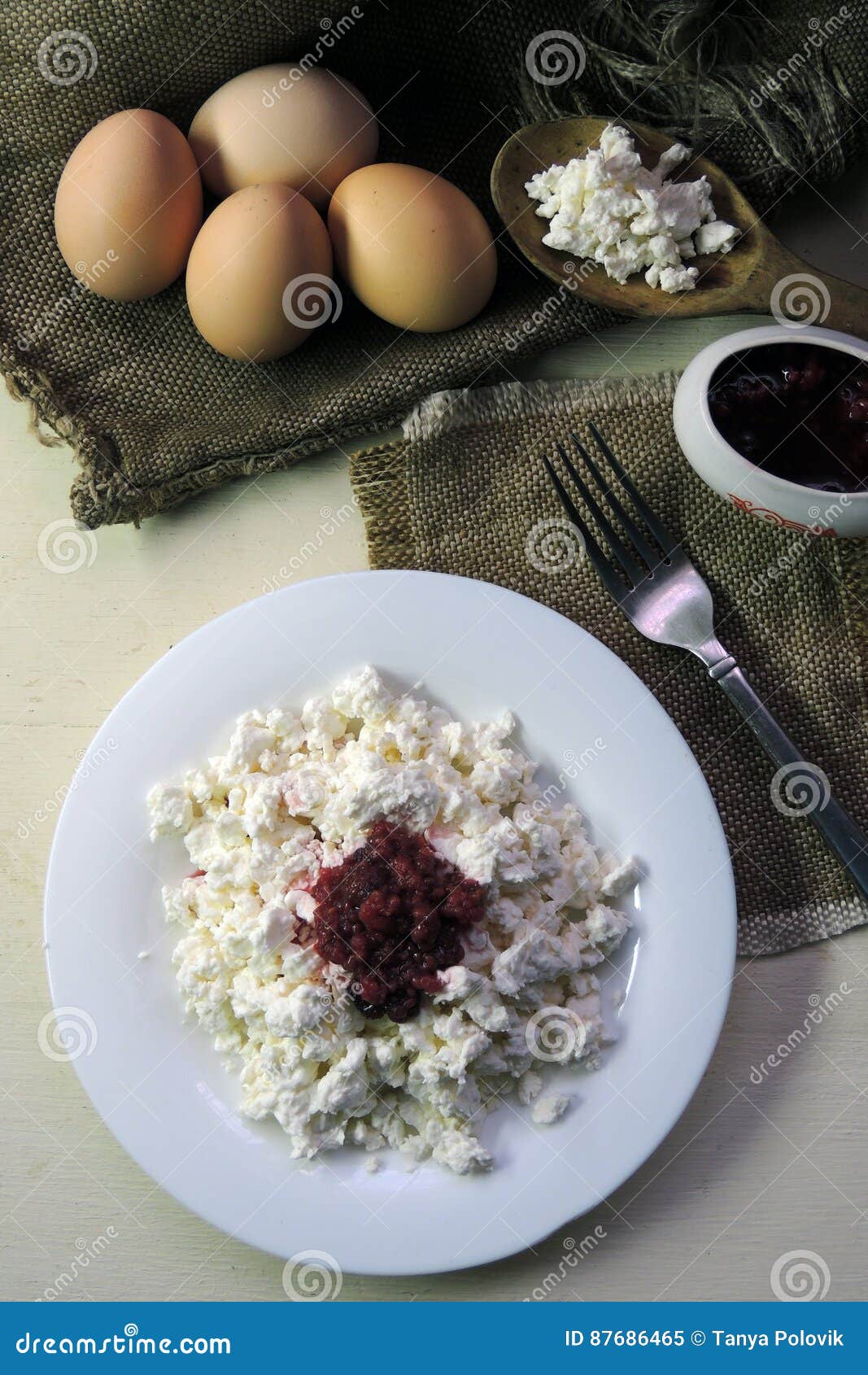 Cottage cheese with jam stock image. Image of herbs, dairy - 87686465