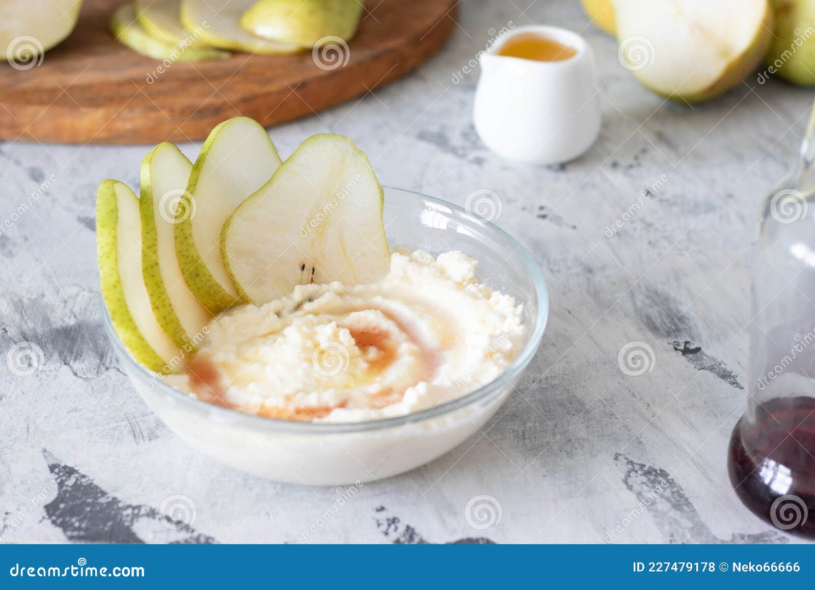 Cottage Cheese Poured with Syrup with Slices of Fresh Pear Stock Photo ...