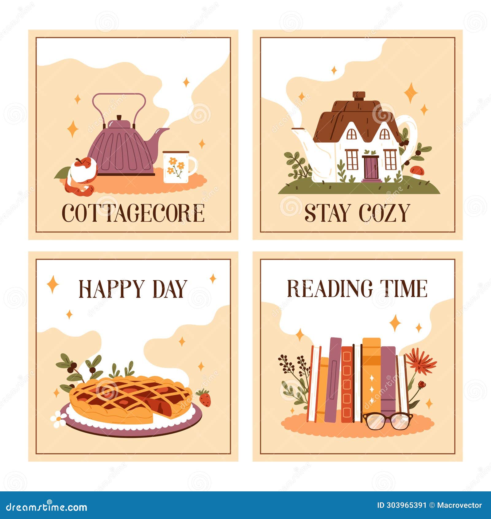 Cottage Core Cards in Flat Design Stock Illustration - Illustration of ...