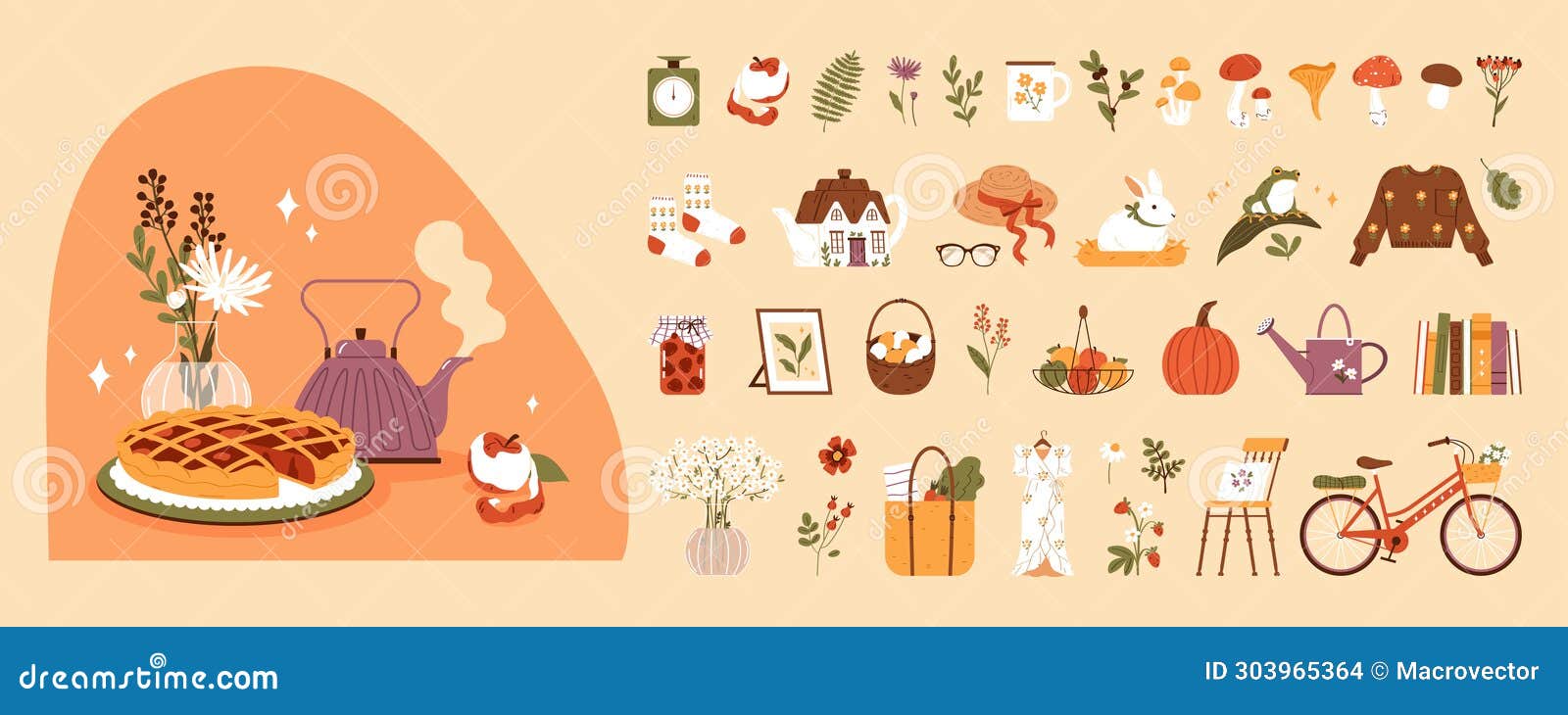 Cottage Core Elements in Flat Design Stock Illustration - Illustration ...