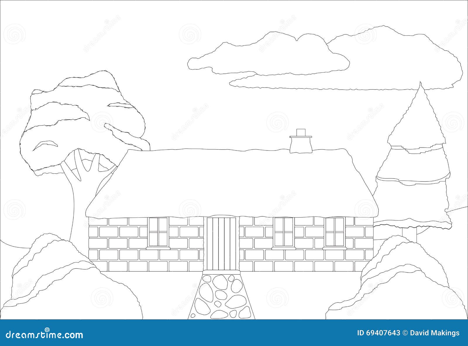 Cottage in Countryside Colouring Page Stock Illustration - Illustration ...