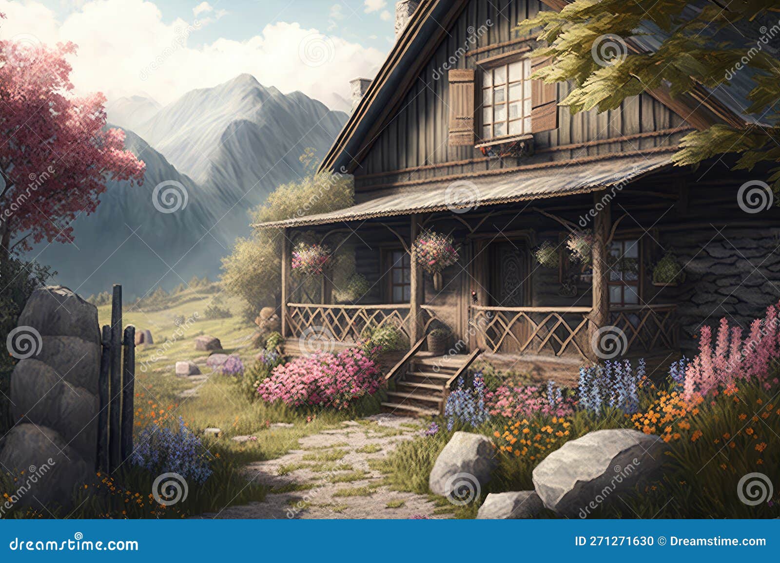 Cottage Garden in Full Bloom Stock Illustration - Illustration of ...