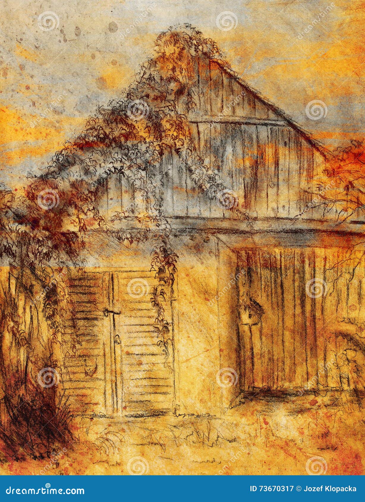 Cottage Hand Drawing And Wild Grapevine. Draving On Old Paper. Royalty ...