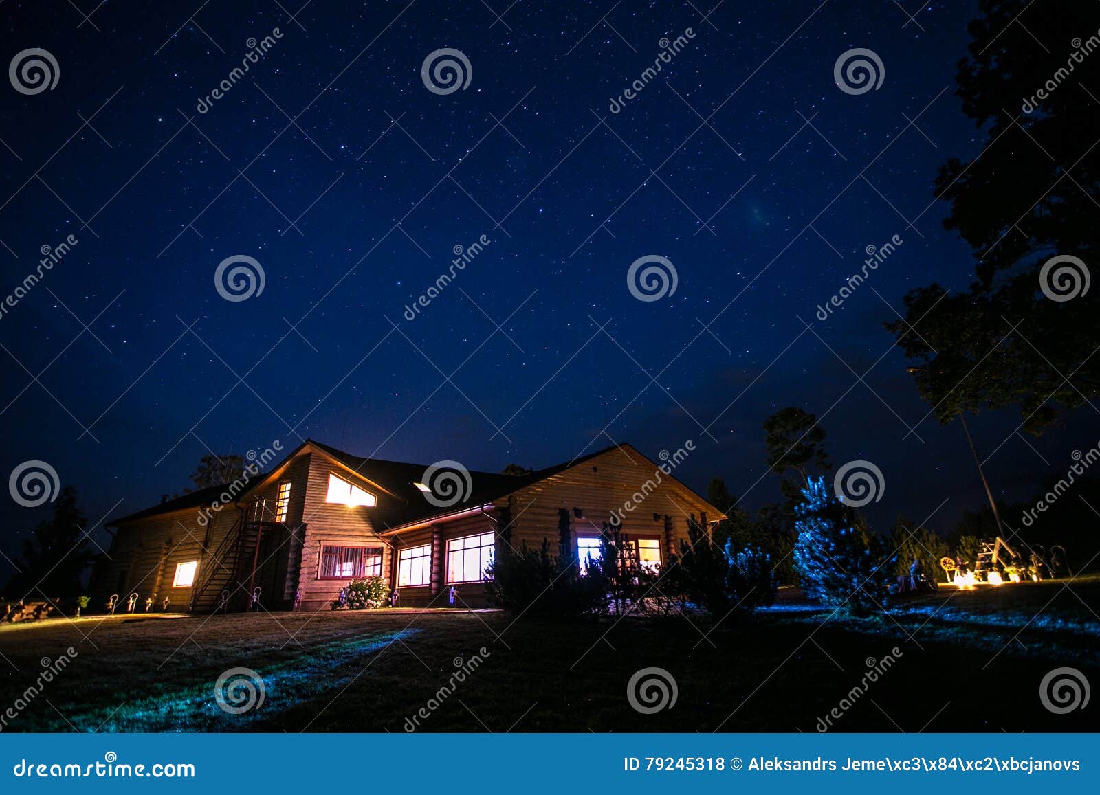 Cottage house at night stock photo. Image of celebration - 79245318