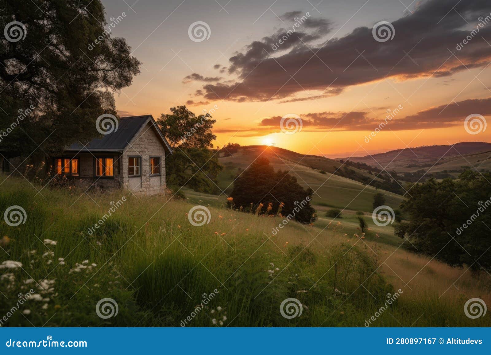 Cottage Nestled among Rolling Hills, with a View of the Setting Sun ...