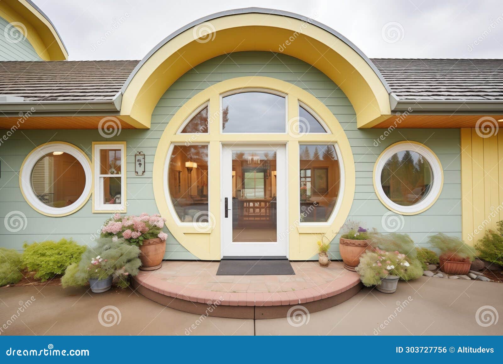 Cottage with a Round Door and Circular Windows Stock Photo - Image of ...