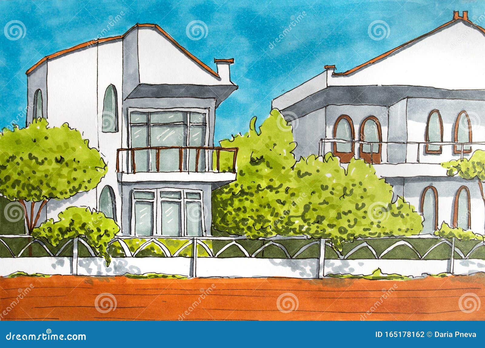 Cottage with Trees. Hand Drawn Illustration Sketch. Stock Illustration ...