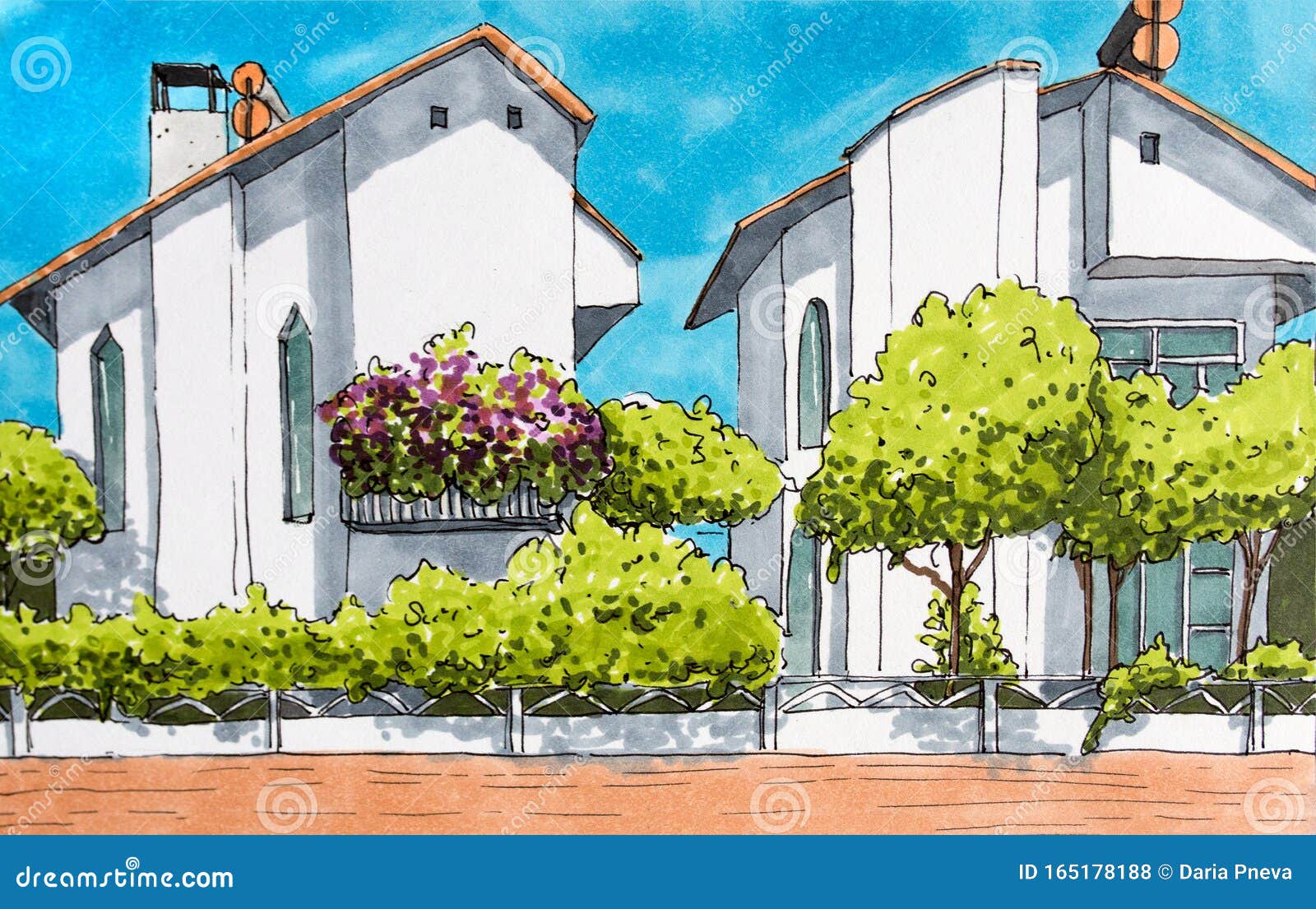 Cottage with Trees. Hand Drawn Illustration Sketch. Stock Illustration ...