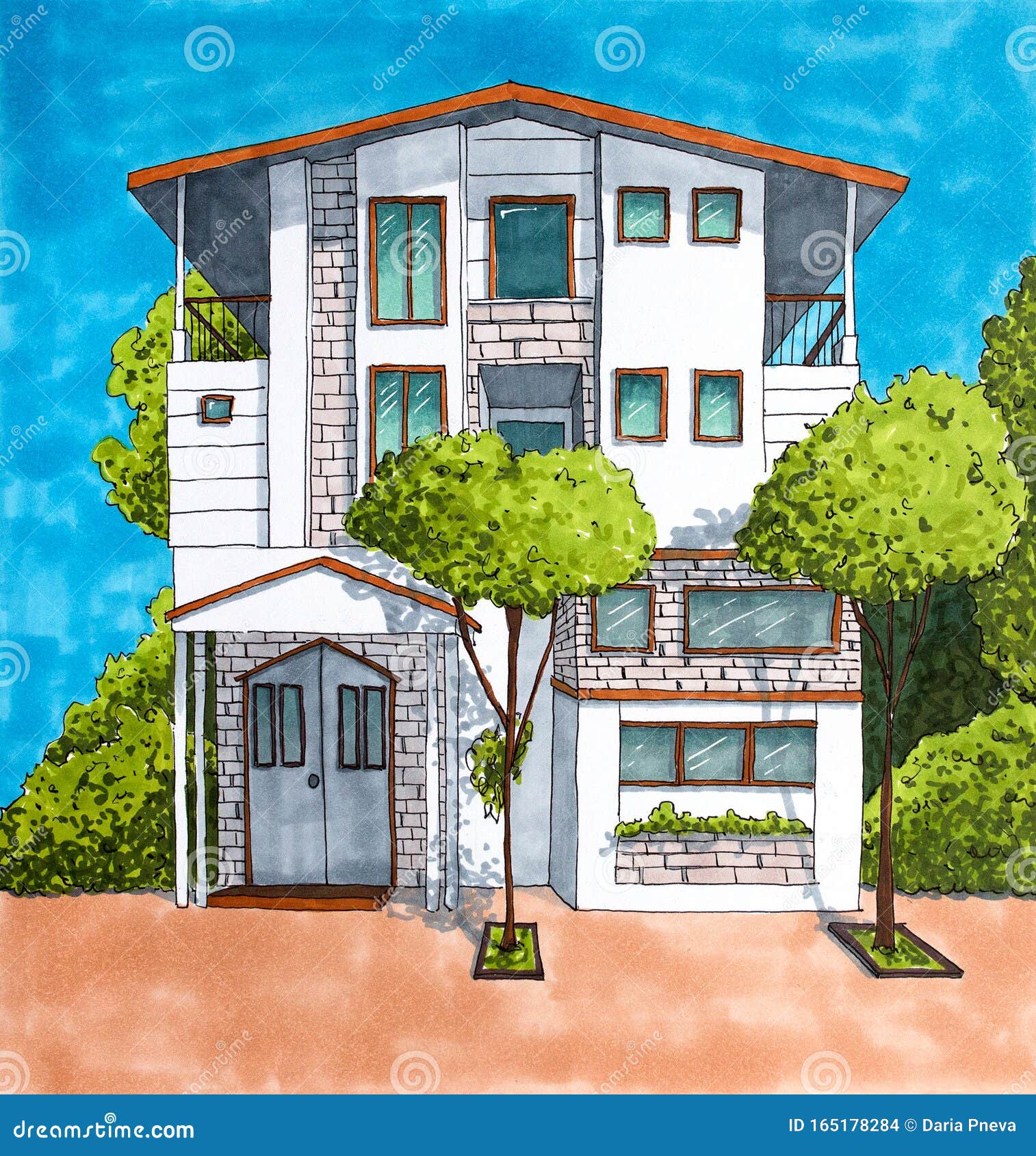 Cottage with Trees. Hand Drawn Illustration Sketch. Stock Photo - Image ...