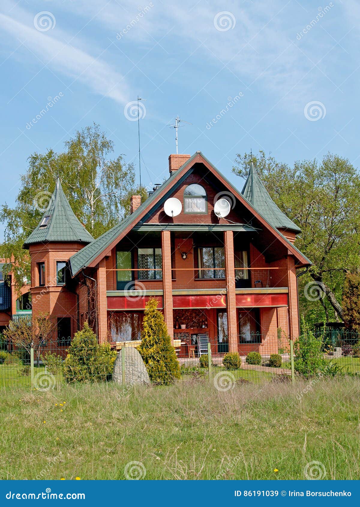 Cottage with Two Towers and Tile Roof Stock Image - Image of house ...