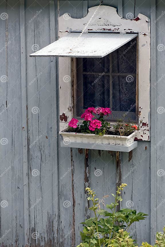 Cottage Window with Flower Box Stock Photo - Image of chain, object ...