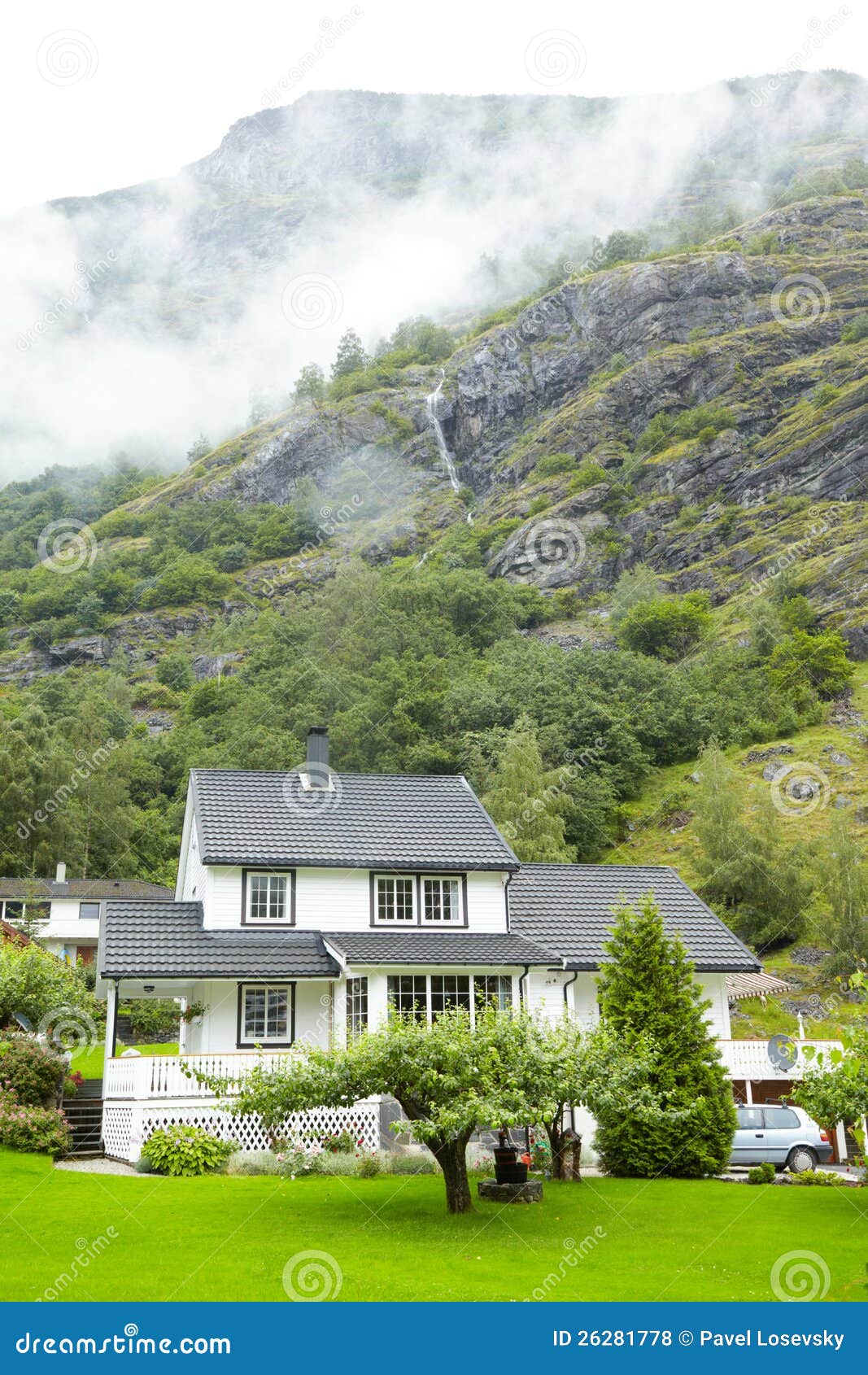 Cottages in Mountains, Waterfall and Mist. Stock Photo - Image of ...