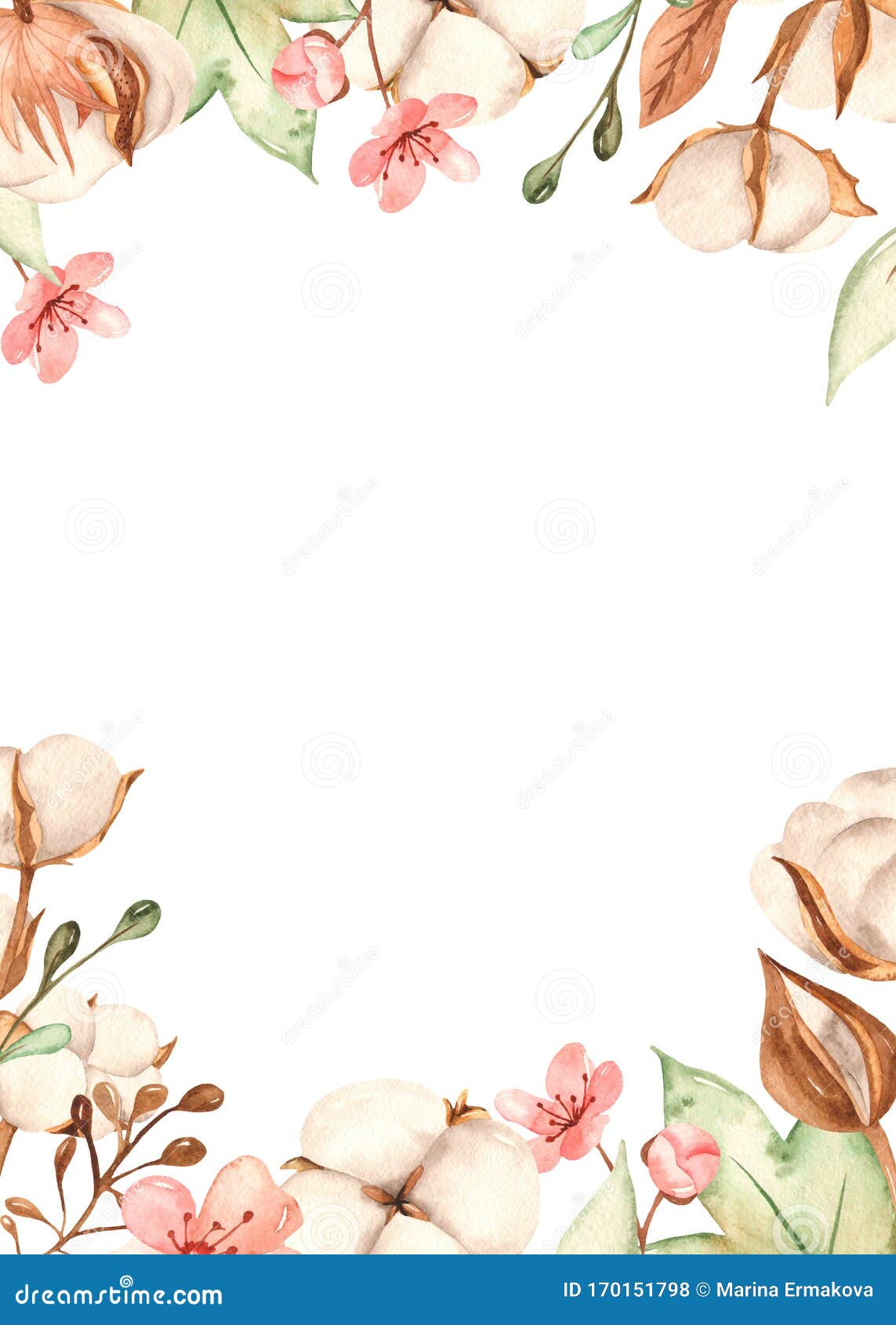 Watercolor Rectangular Frame with Cotton, Cherry Flowers and Leaves ...