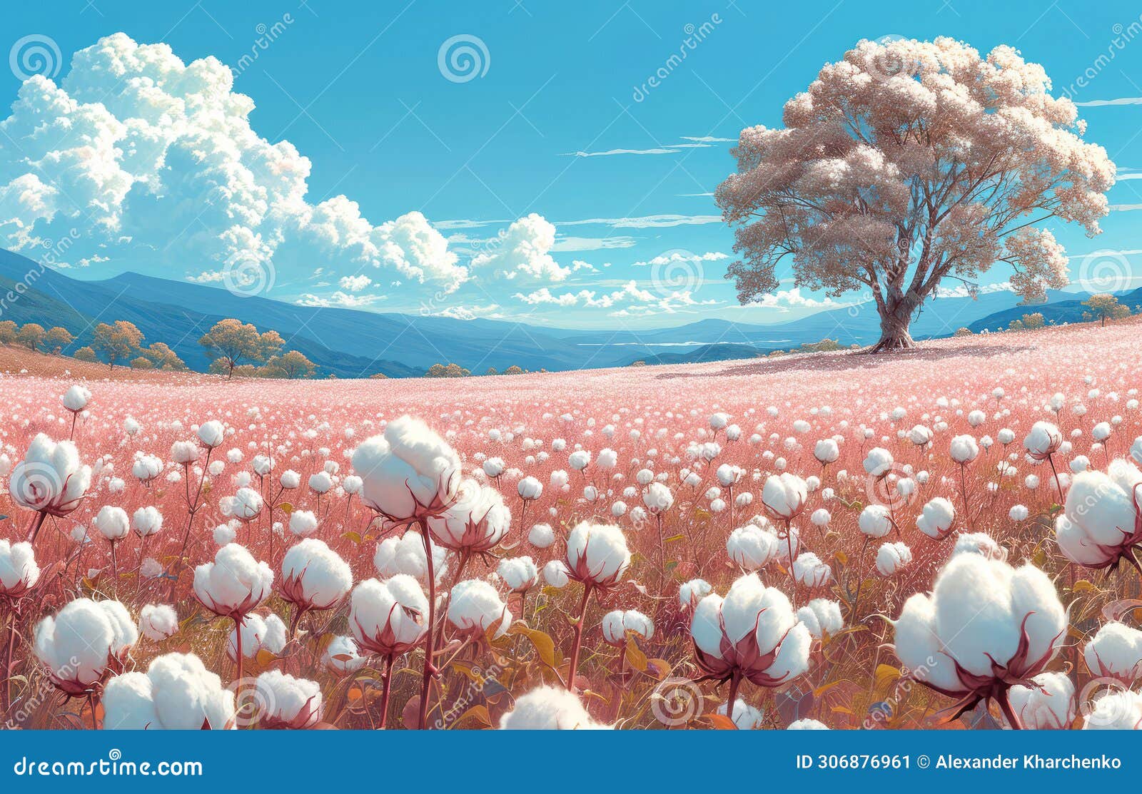 Cotton Field with Trees and Cloud Sky Extreme Closeup. Generative AI ...