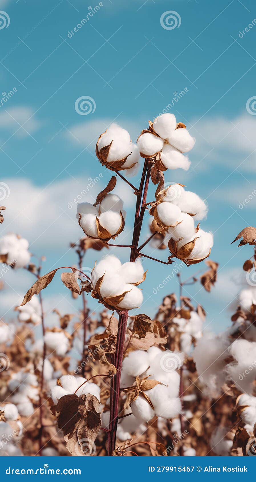 Cotton Growing. Vertical Banner. White Fluffy Cotton in a Field, Blue ...