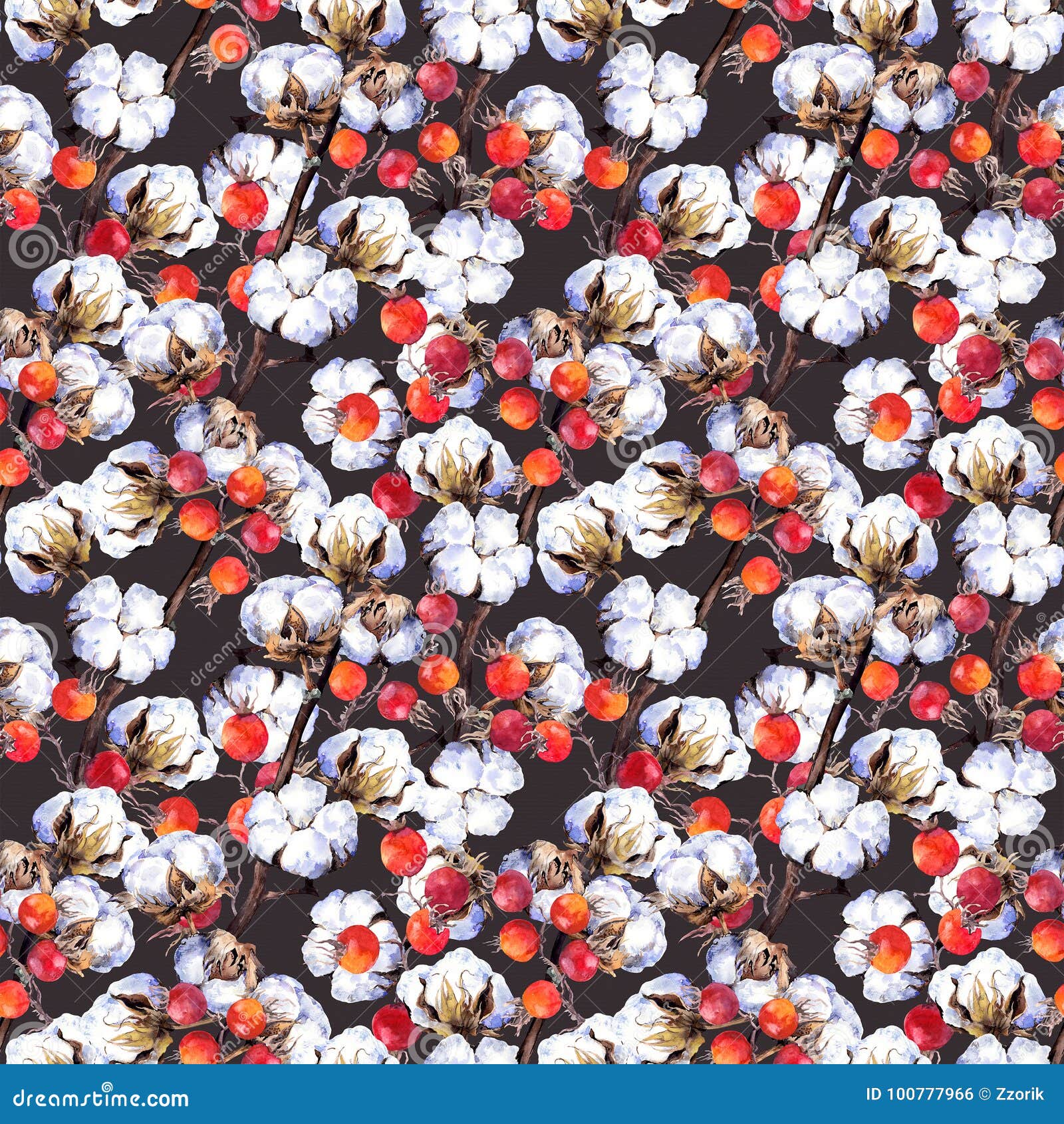 Cotton Plant Branches, Red Berries. Repeating Pattern Stock ...