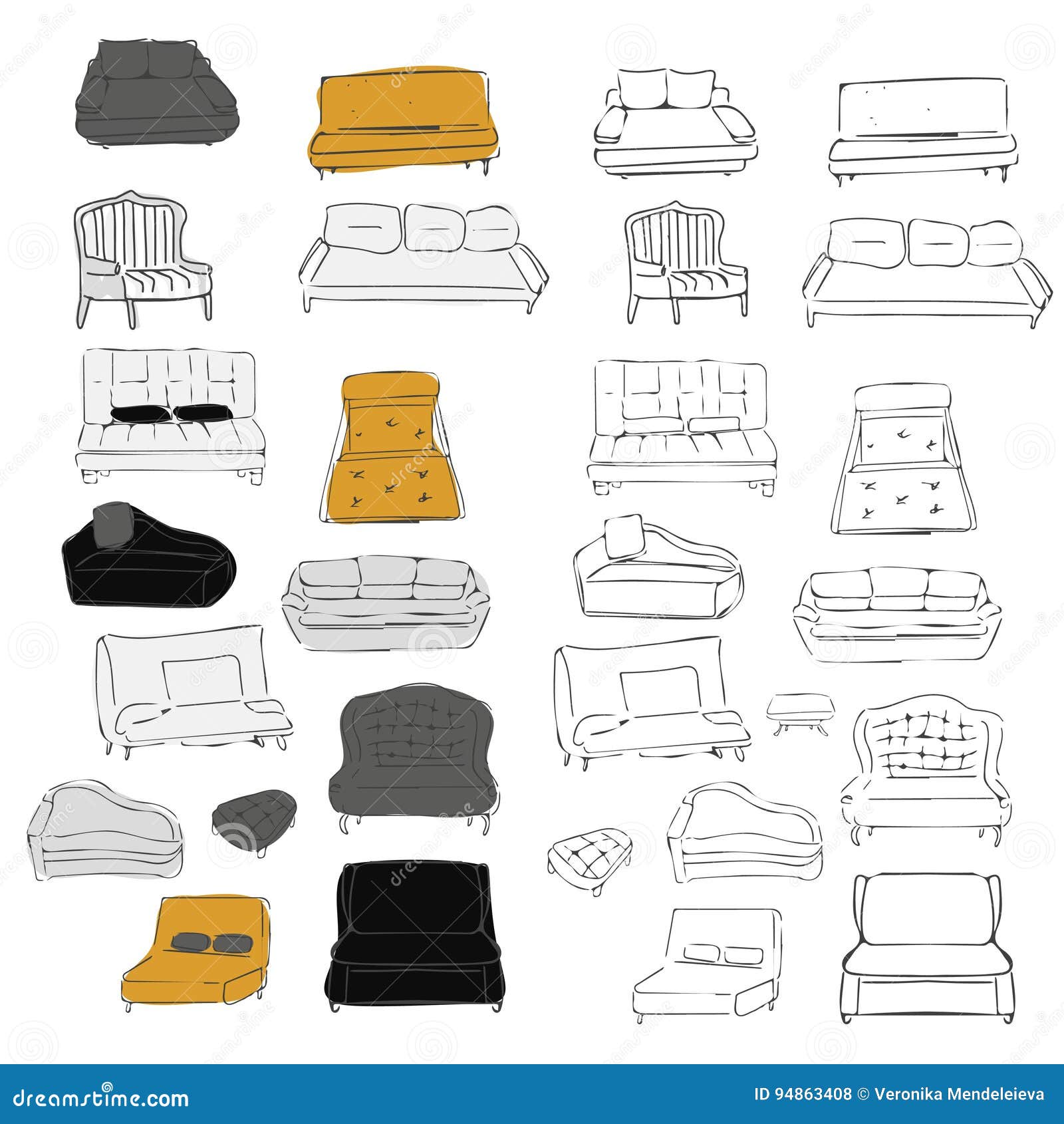 Couch Big Set. Vecthand Drawn Illustration. Interiors Projects. Stock ...