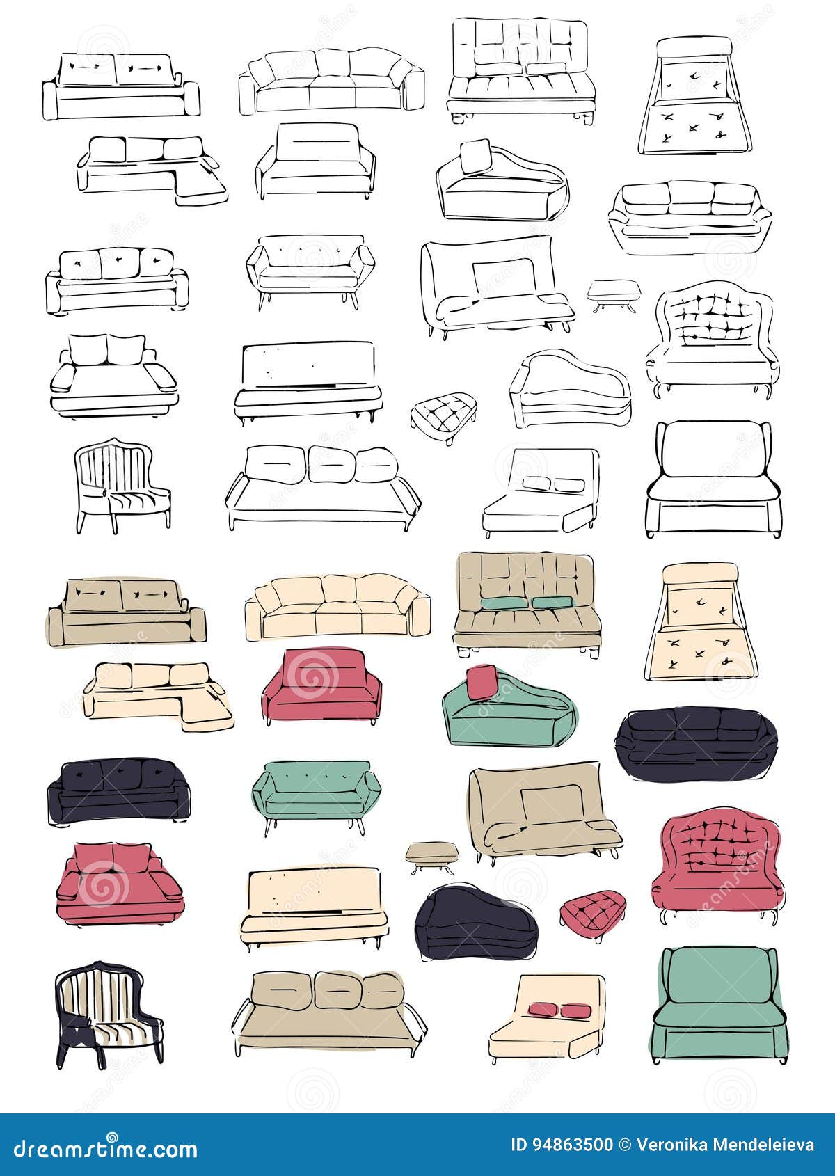 Couch Big Set. Vecthand Drawn Illustration. Interiors Projects. Stock ...