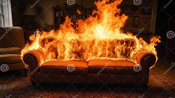 A Couch that is on Fire in a Living Room Stock Image - Image of yellow ...