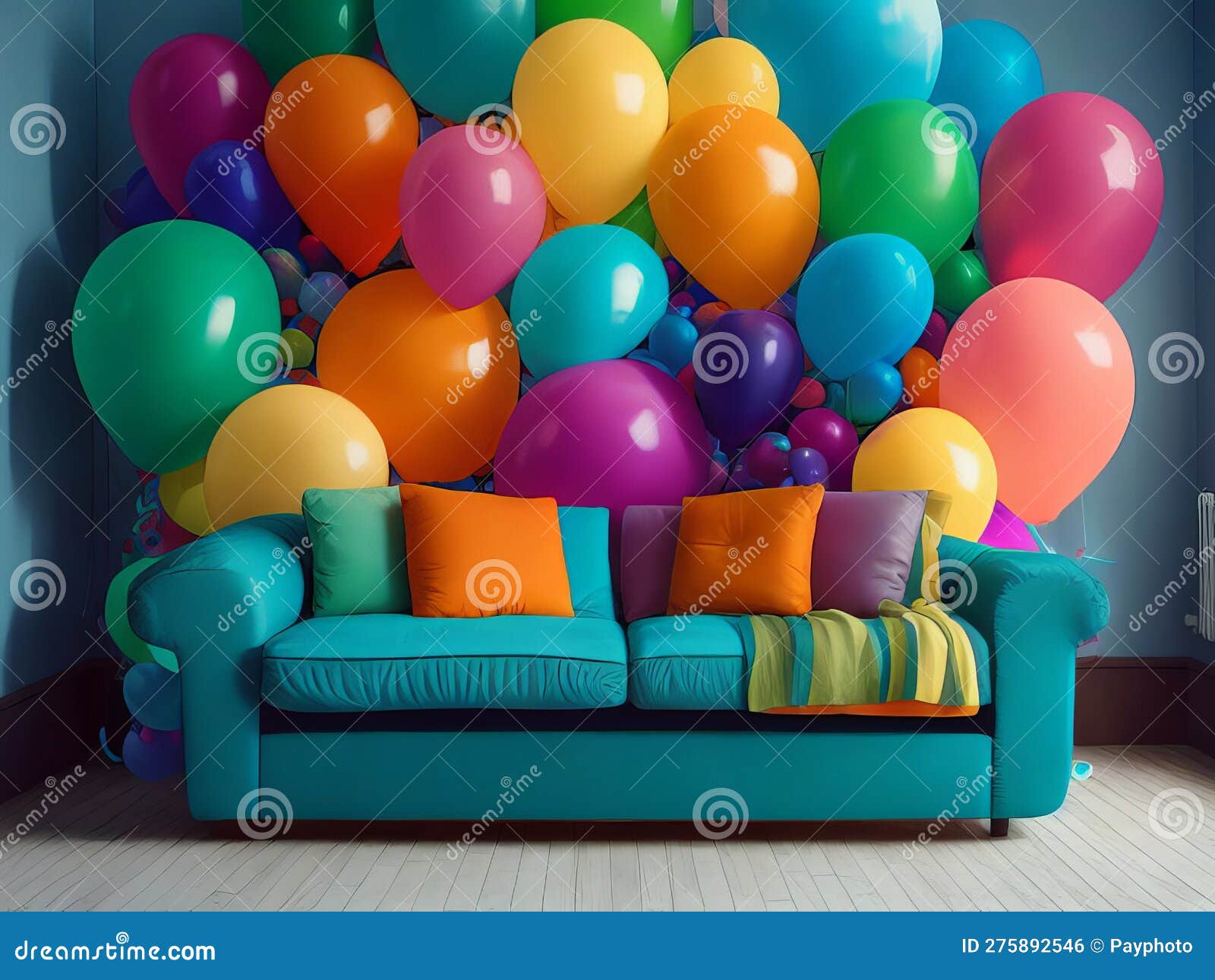 A Couch that Has a Bunch of Balloons on it, a Bright and Saturated ...