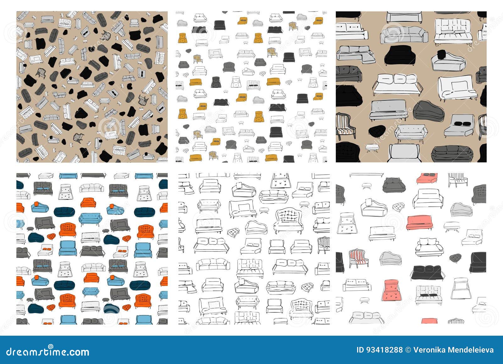 Couch Seamless Pattern. Vector Hand Drawn Illustration Stock Vector ...