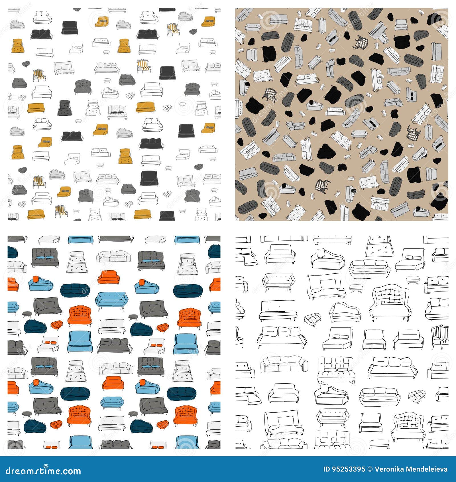 Couch Seamless Pattern. Vector Hand Drawn Illustration Stock Vector ...