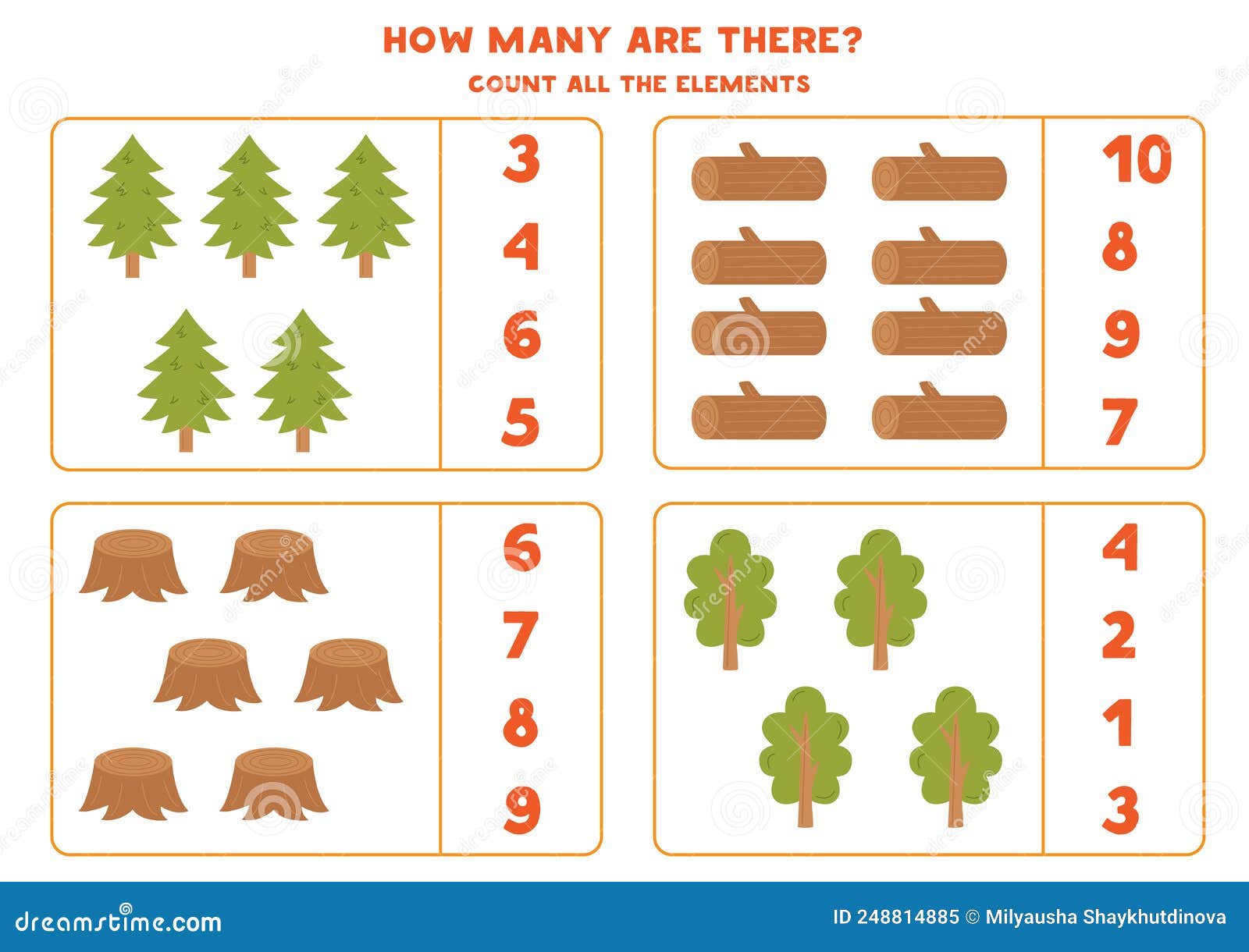 Counting Game with Trees and Logs. Educational Worksheet. Stock Vector ...