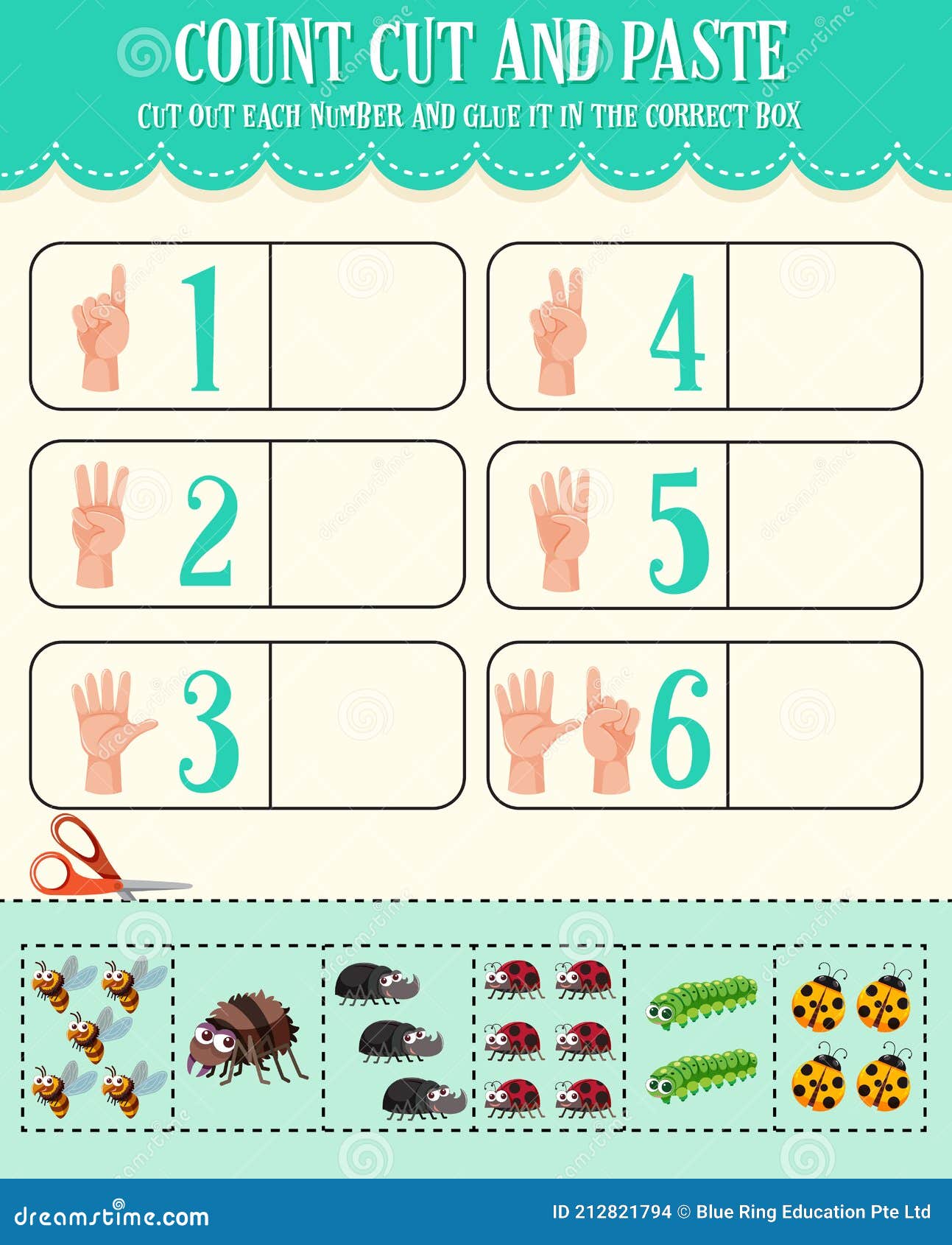 Count Cut And Paste Math Worksheet For Children Cartoon Vector ...