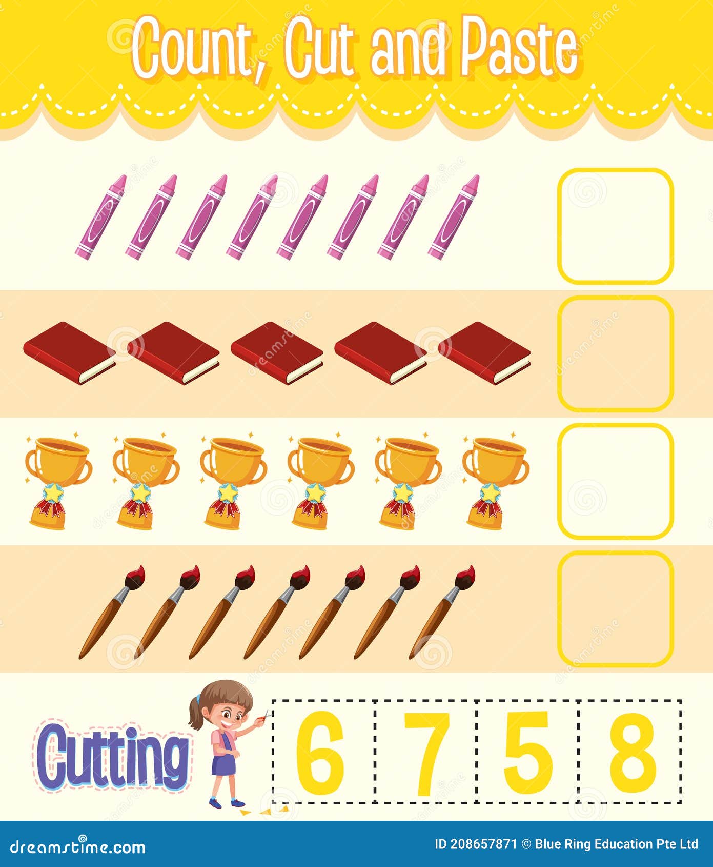 Count Cut And Paste Maths Worksheet For Children Cartoon Vector ...