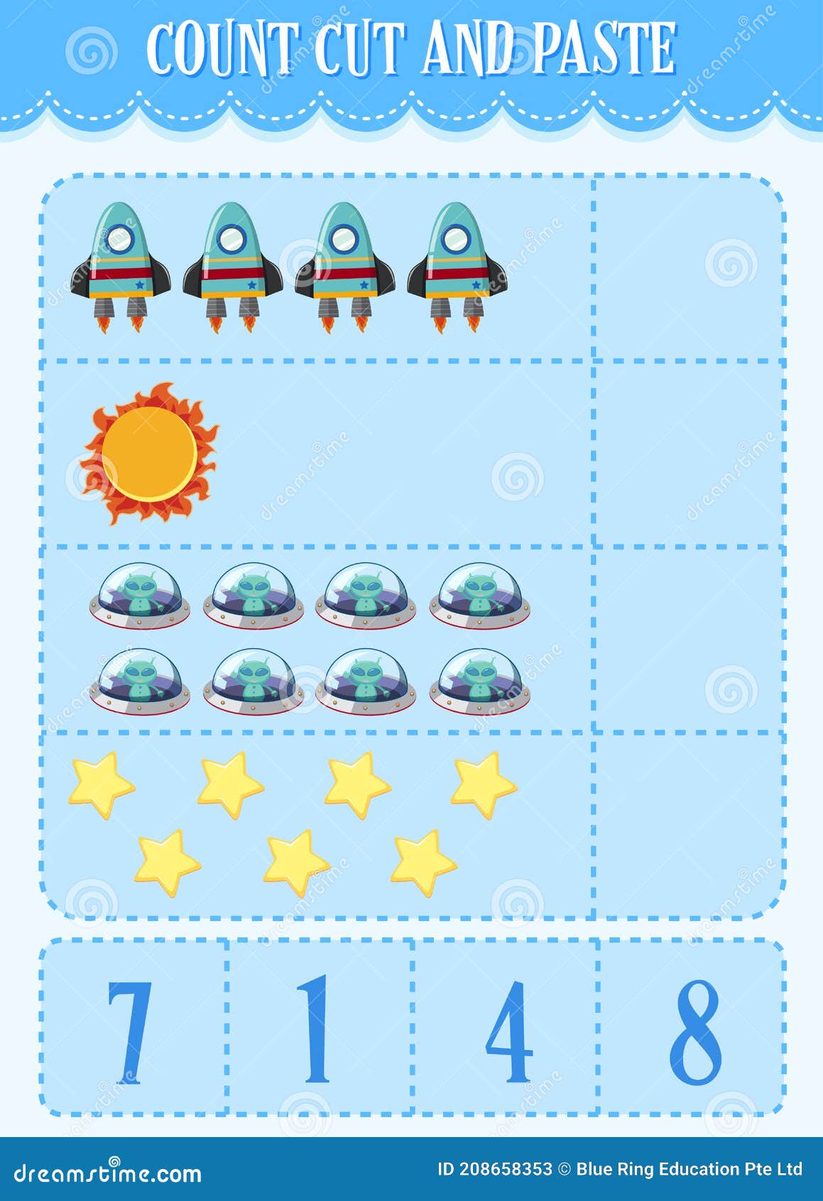 Count Cut And Paste Maths Worksheet For Children Cartoon Vector ...