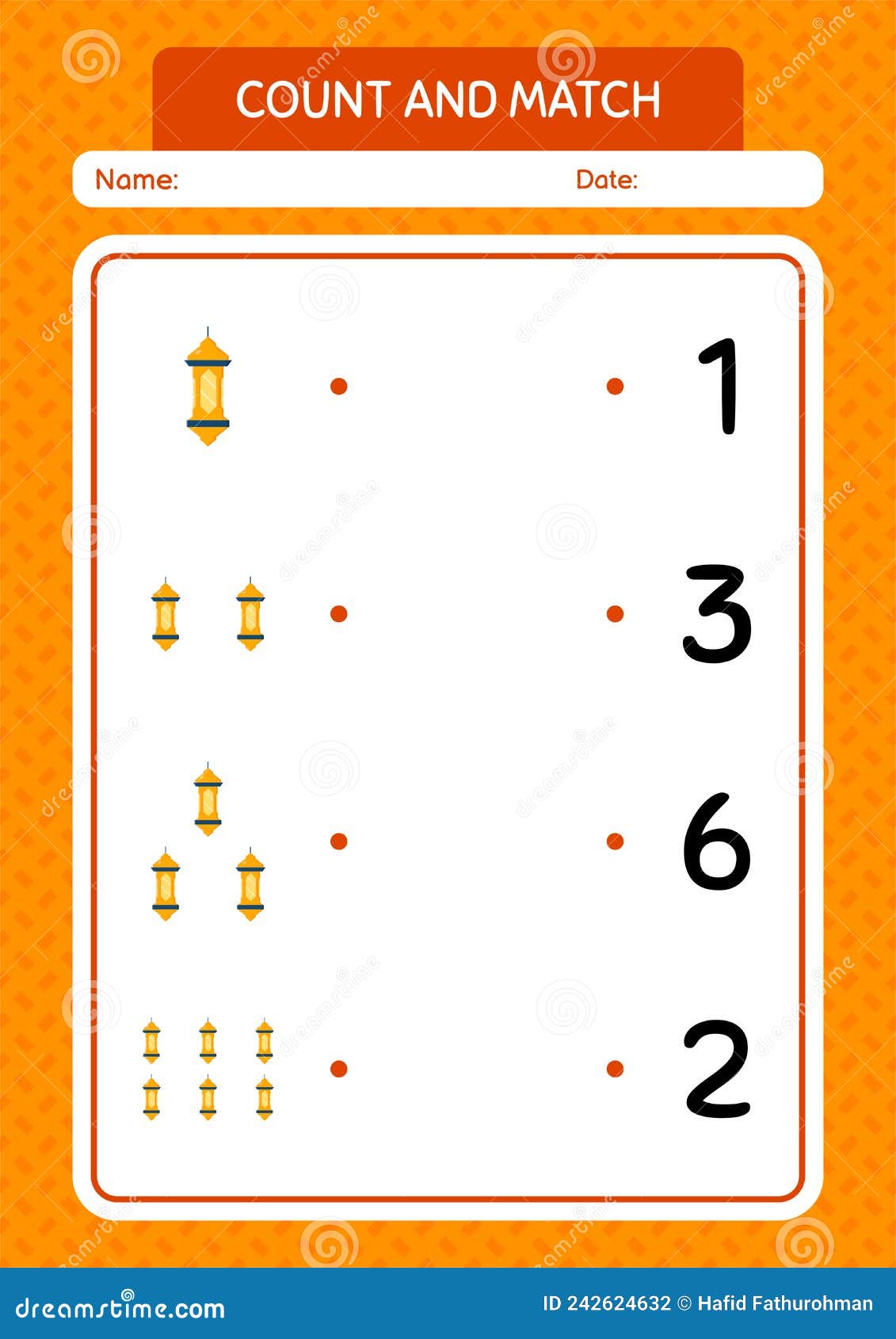 Count and Match Game with Arabic Lantern. Worksheet for Preschool Kids ...